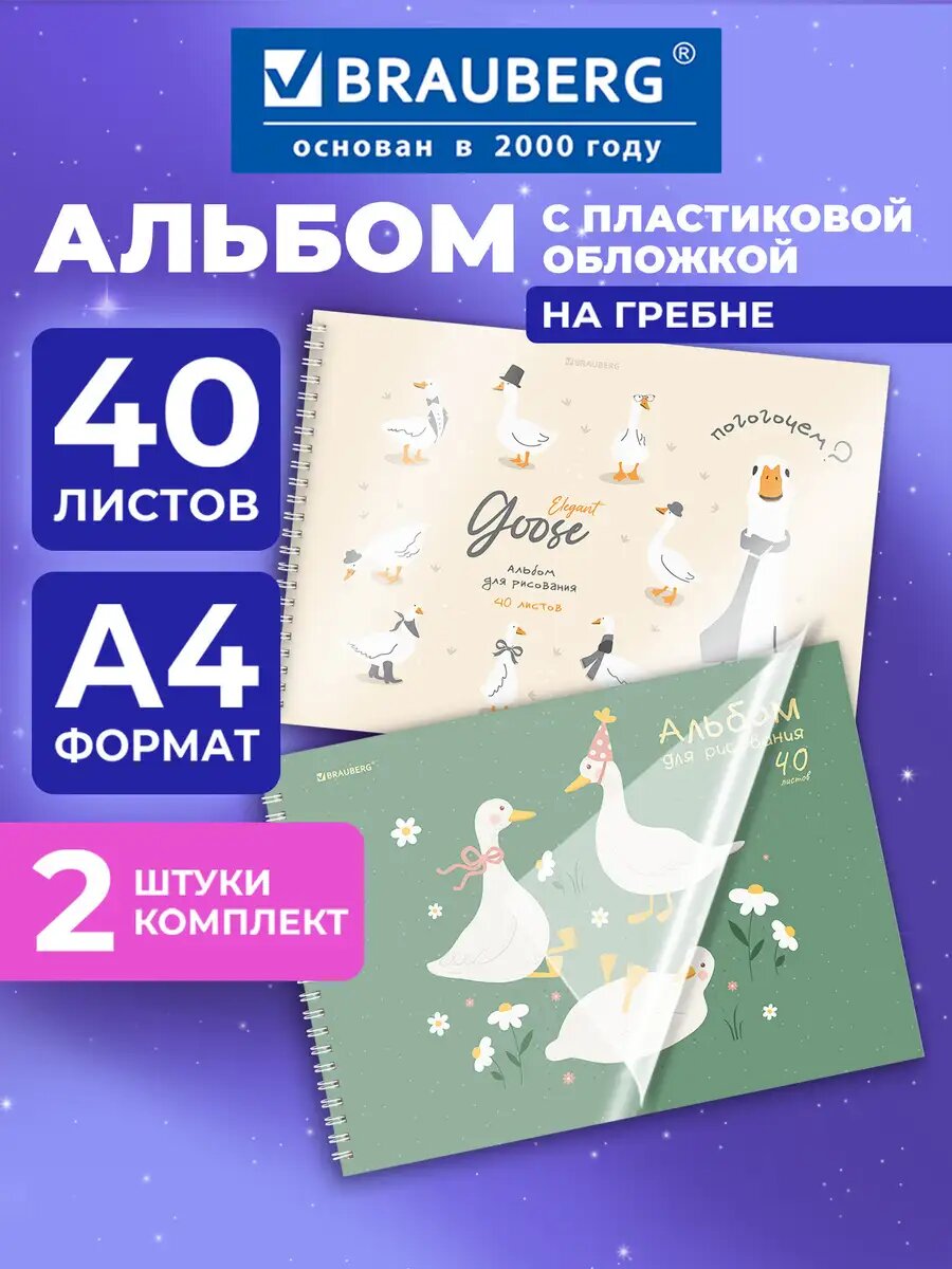 Альбом для рисования А4 в школу 40 листов гребень, набор 2 штуки, обложка пластик, Brauberg Гуси, 107673