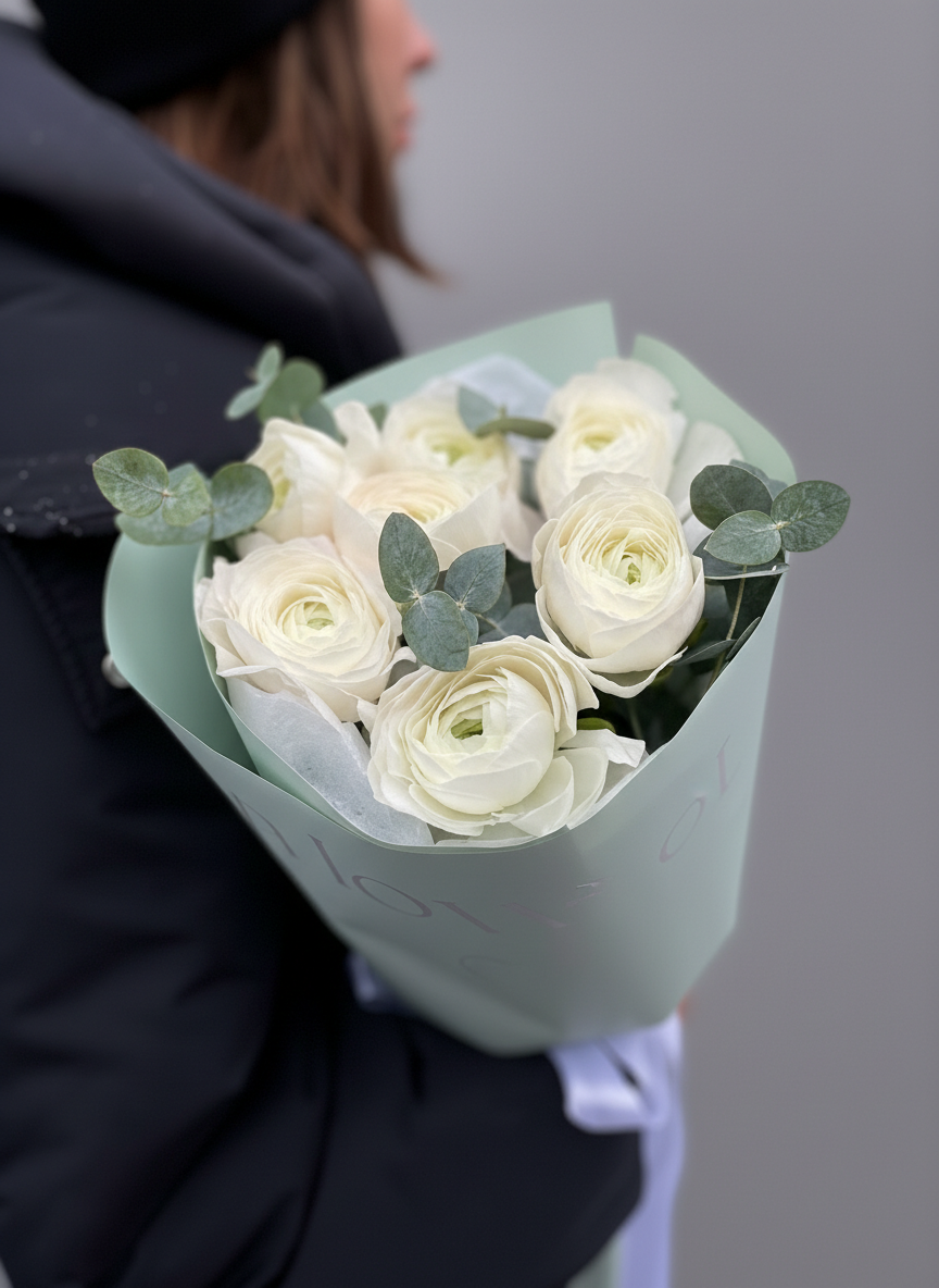 Букет из 7шт. ранункулюсов сорта «ханой» с эвкалиптом