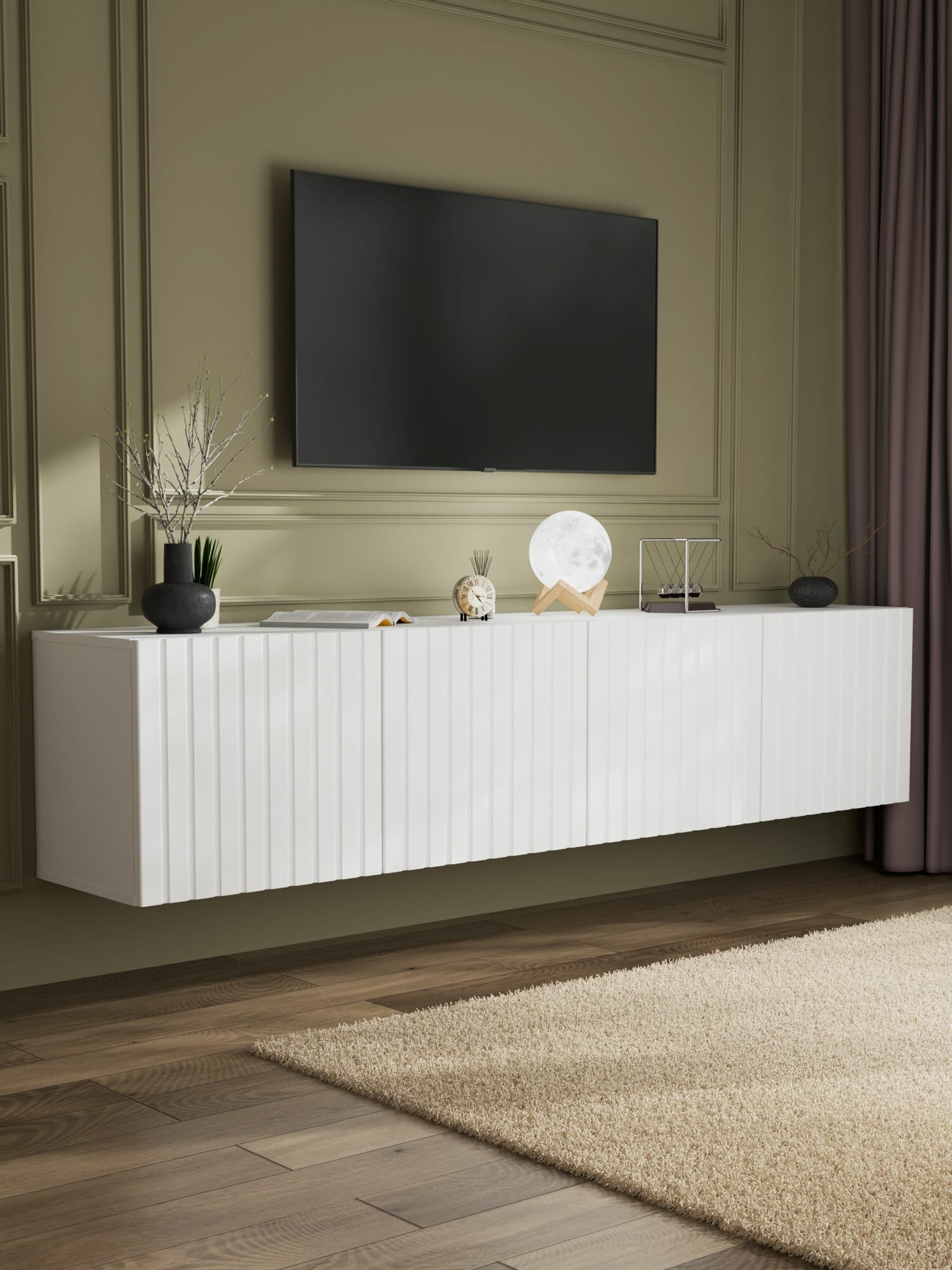 Изумлит Тумба под телевизор Вертикаль 200х44х36.6 см, корпус белый/ фасад пленочный белый матовый