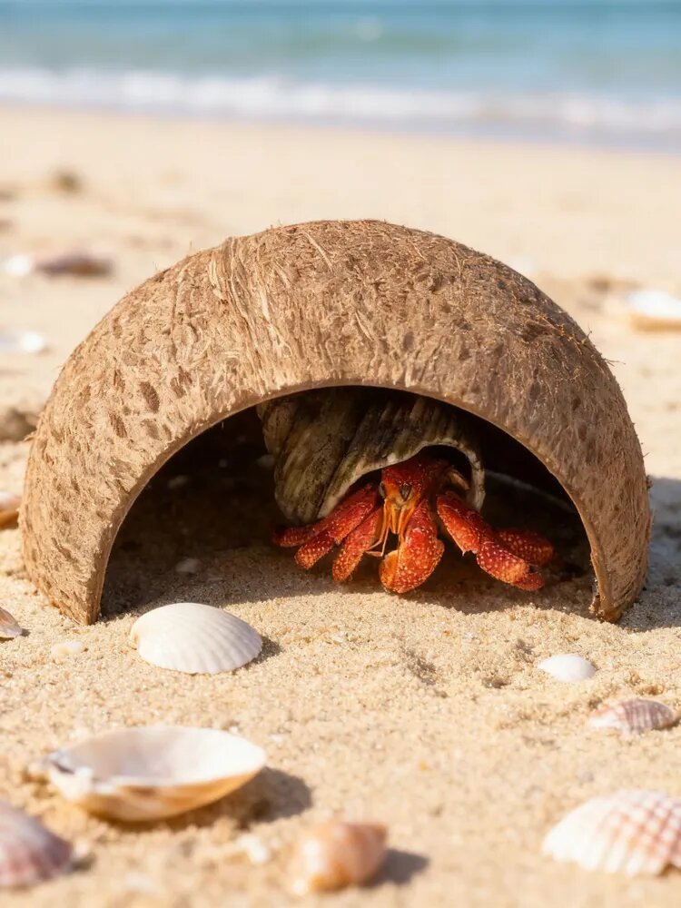 Универсальный домик из натурального кокоса для укрытия рептилий, пауков и грызунов (диаметр 12-14 см, ширина входа 9 см)