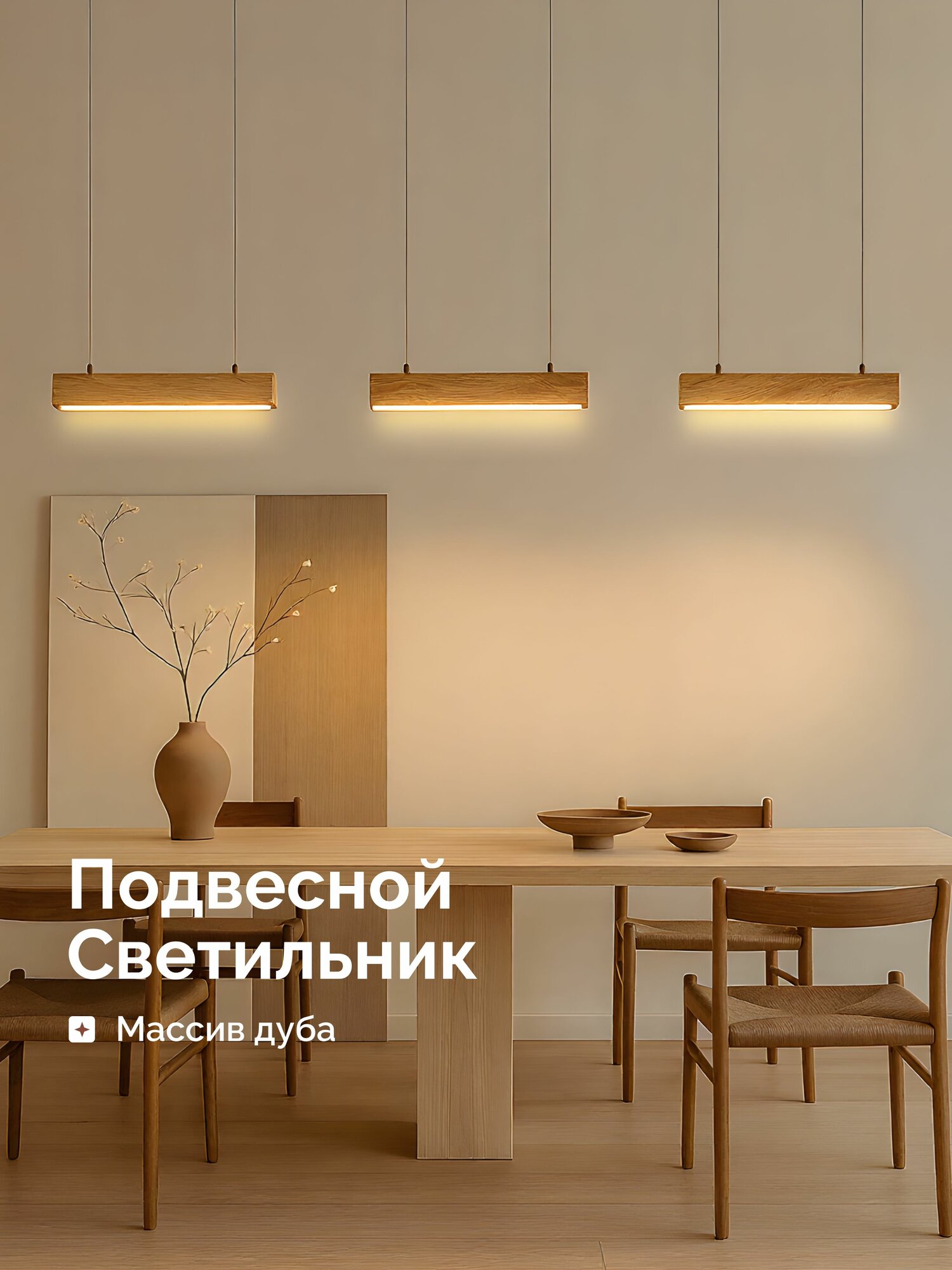 HOLZTAG Потолочный подвесной светильник из дерева, люстра, массив дуба 2.5х6х60см, теплый свет