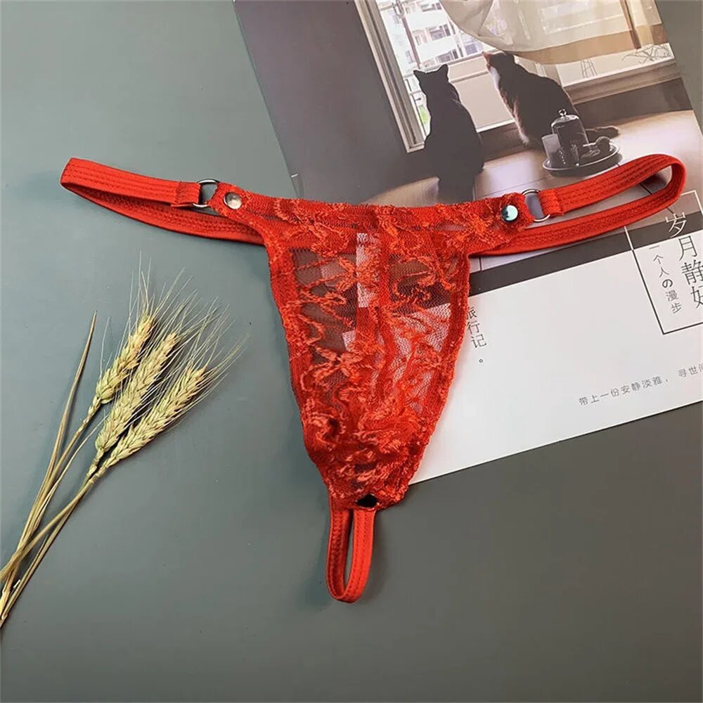 Красные мужские стринги из кружева, L
