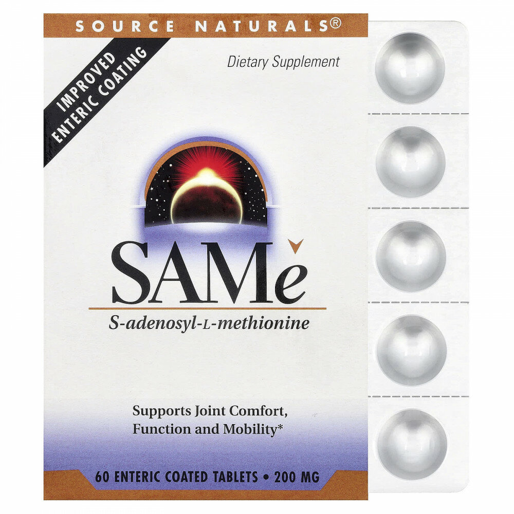 Source Naturals, SAMe, 60 таблеток, покрытых кишечнорастворимой оболочкой (200 мг в 1 таблетке)