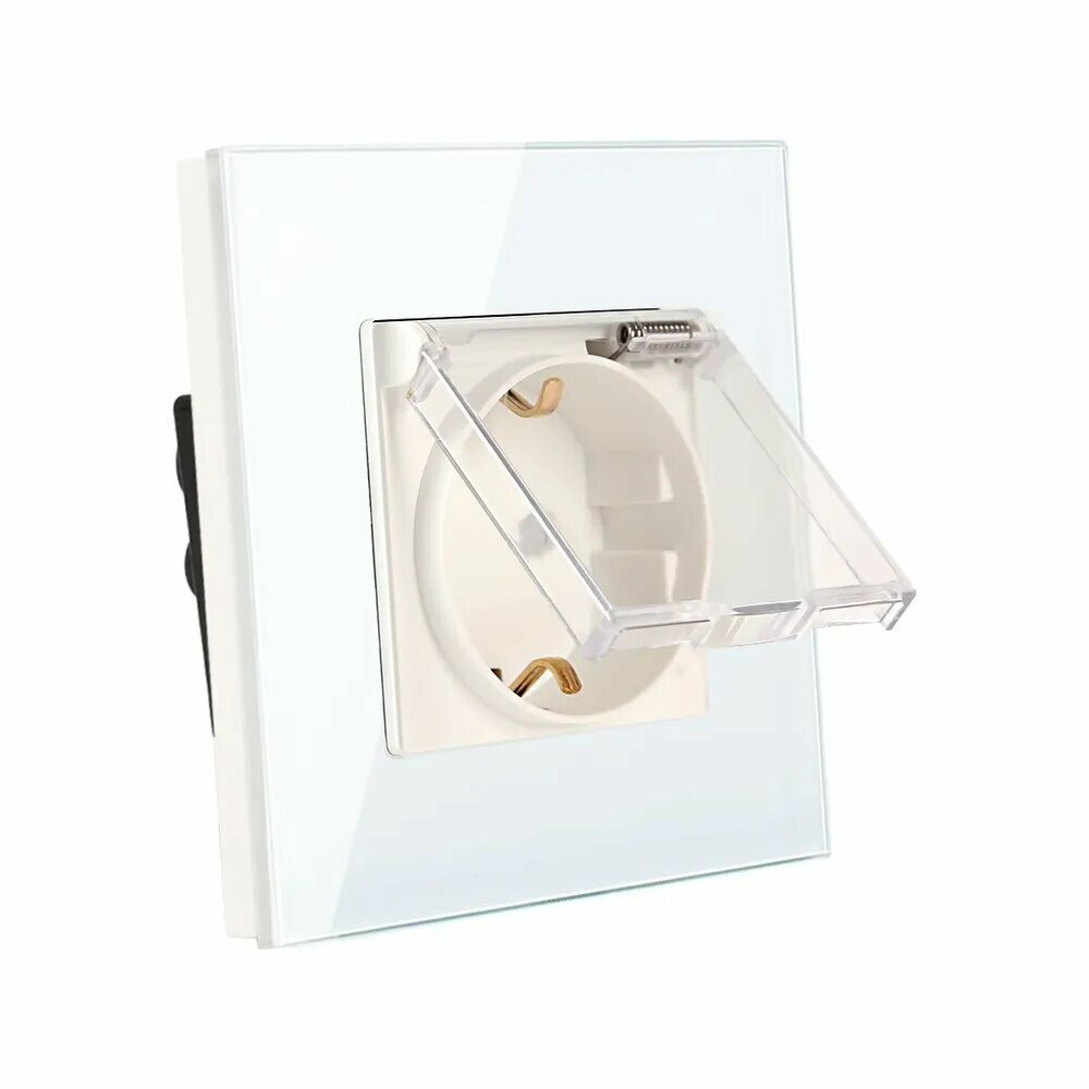Розетка c водонепроницаемой крышкой, Встраиваемая водонепроницаемая розетка на 16А стеклянна белый c землей