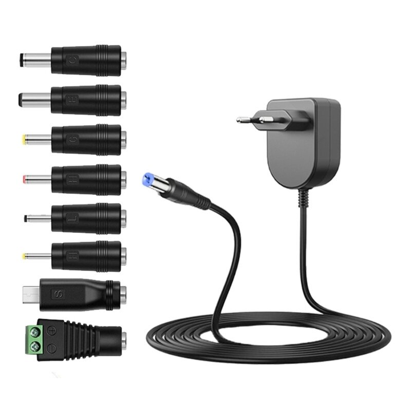 Зарядный Адаптер мощностью 15 Вт, 3-12 Вольт, Регулируемое Зарядное Устройство от AC100-240V до DC5521 со Сменным Наконечником