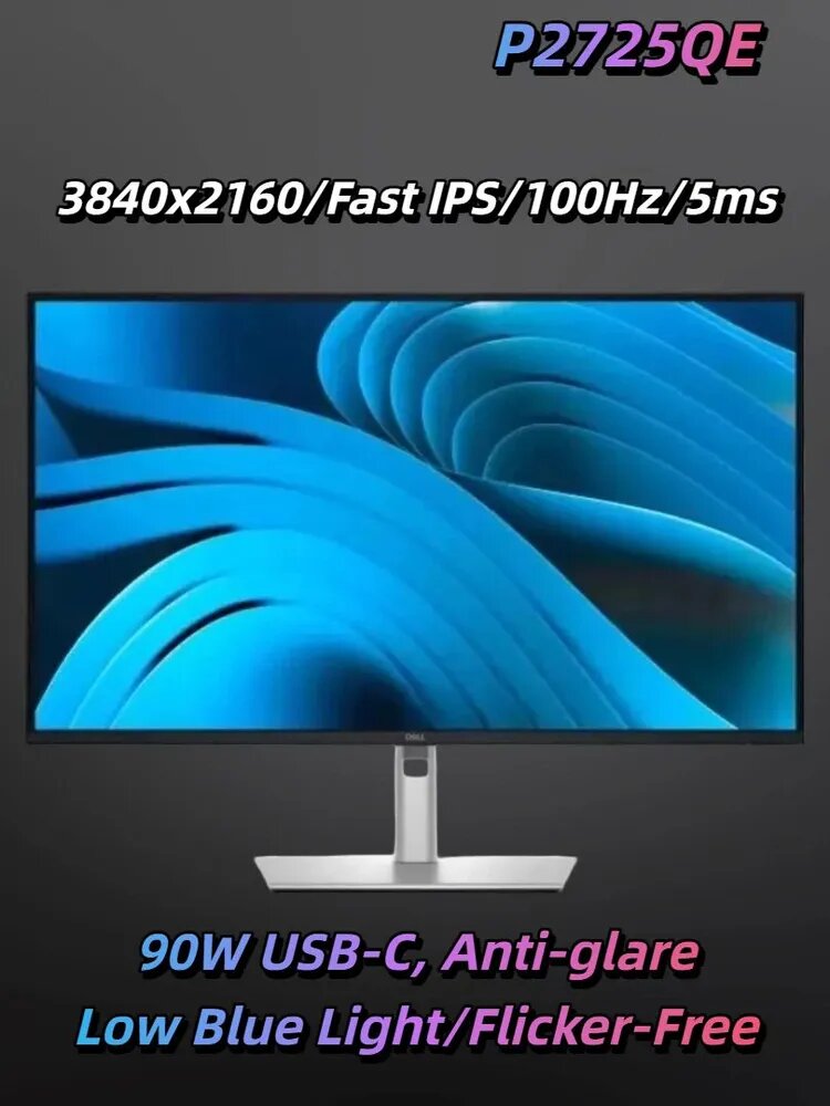 Dell 27" Монитор P2725QE, 3840 x 2160 4K IPS, 100Hz, 90W USB-C, Low Blue Light/Flicker-Free, Anti-glare, белый, зеркальный