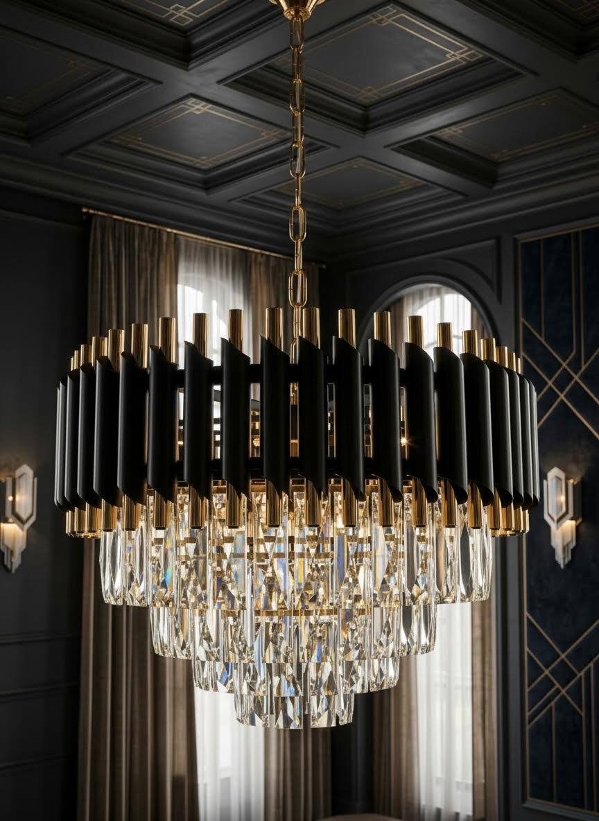 Хрустальная люстра для гостиной, в спальню, на кухню, в зал, E14, черная золотая, диаметр 55 см