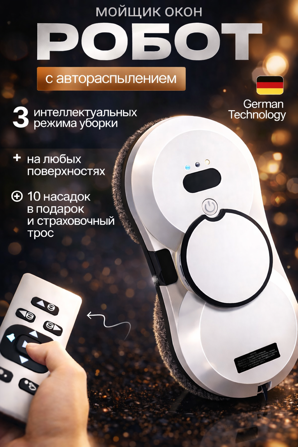 Робот мойщик окон, мощный, для окон и стекол, 3 режима уборки, белый