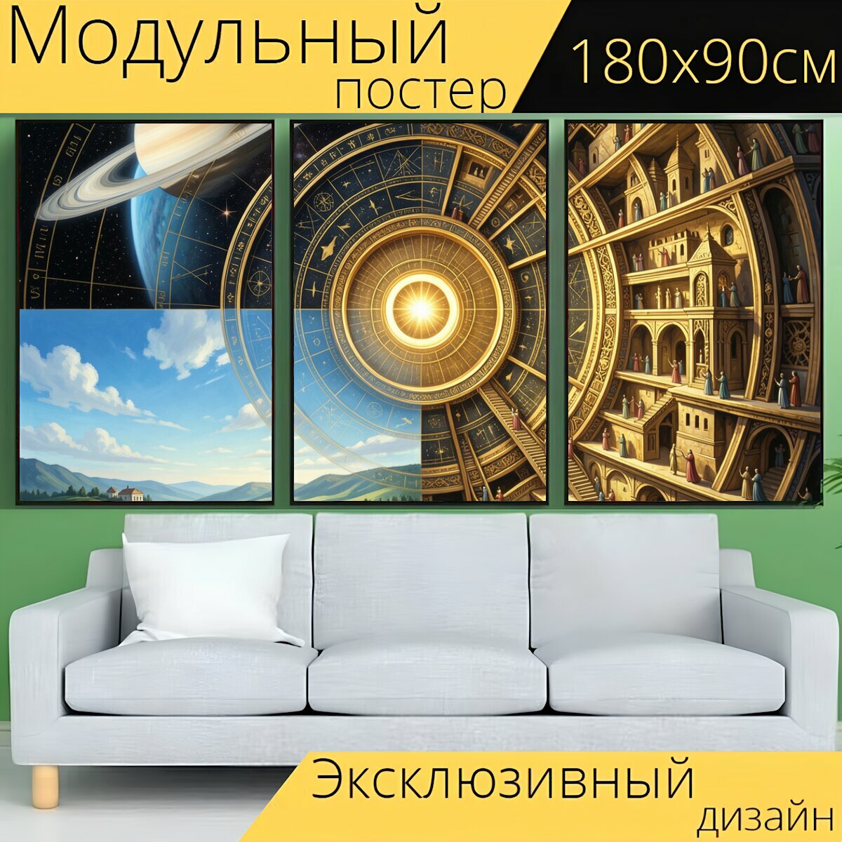 Модульный постер "Космическая астролябия и фантазийная башня. Сюрреалистическая сцена с планетами, звездным небом, сияющим солнечным." 180 x 90 см. для интерьера на стену в тубусе
