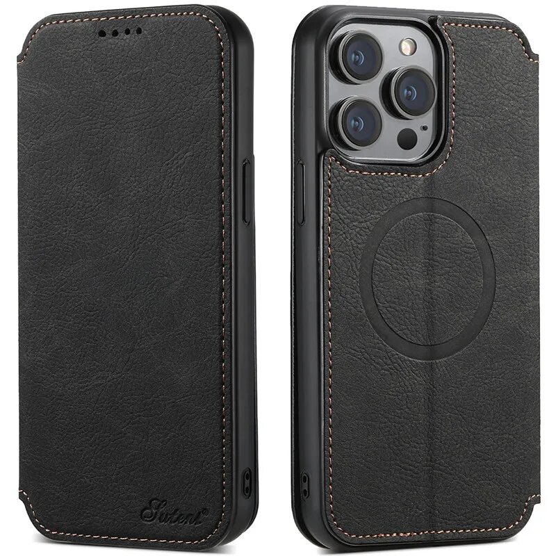 Черный кожаный чехол-книжка для iPhone 12 Pro Max
