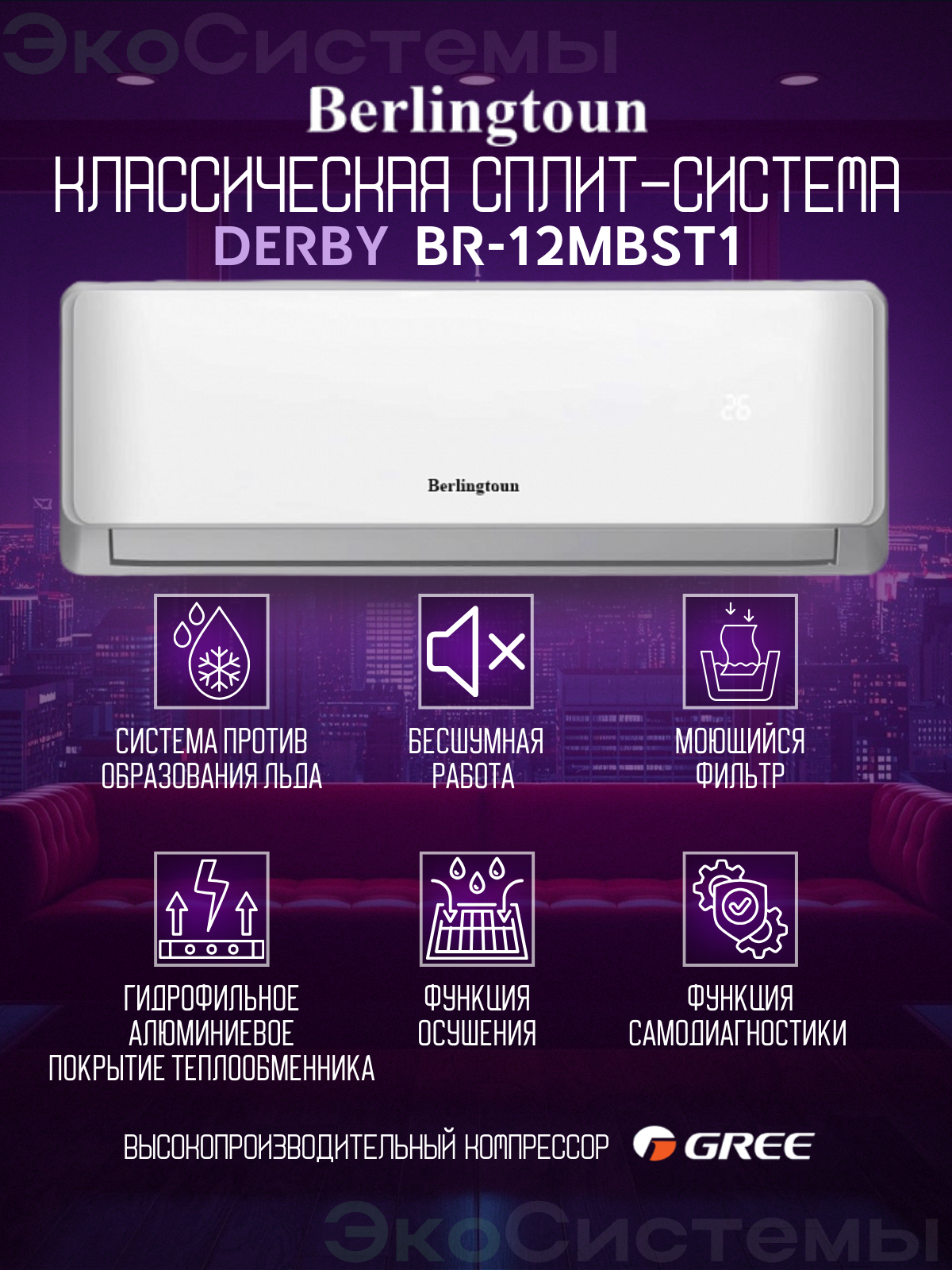 Сплит-система Berlingtoun Derby BR-12MBST1 до 35 м2, компрессор Gree, класс А