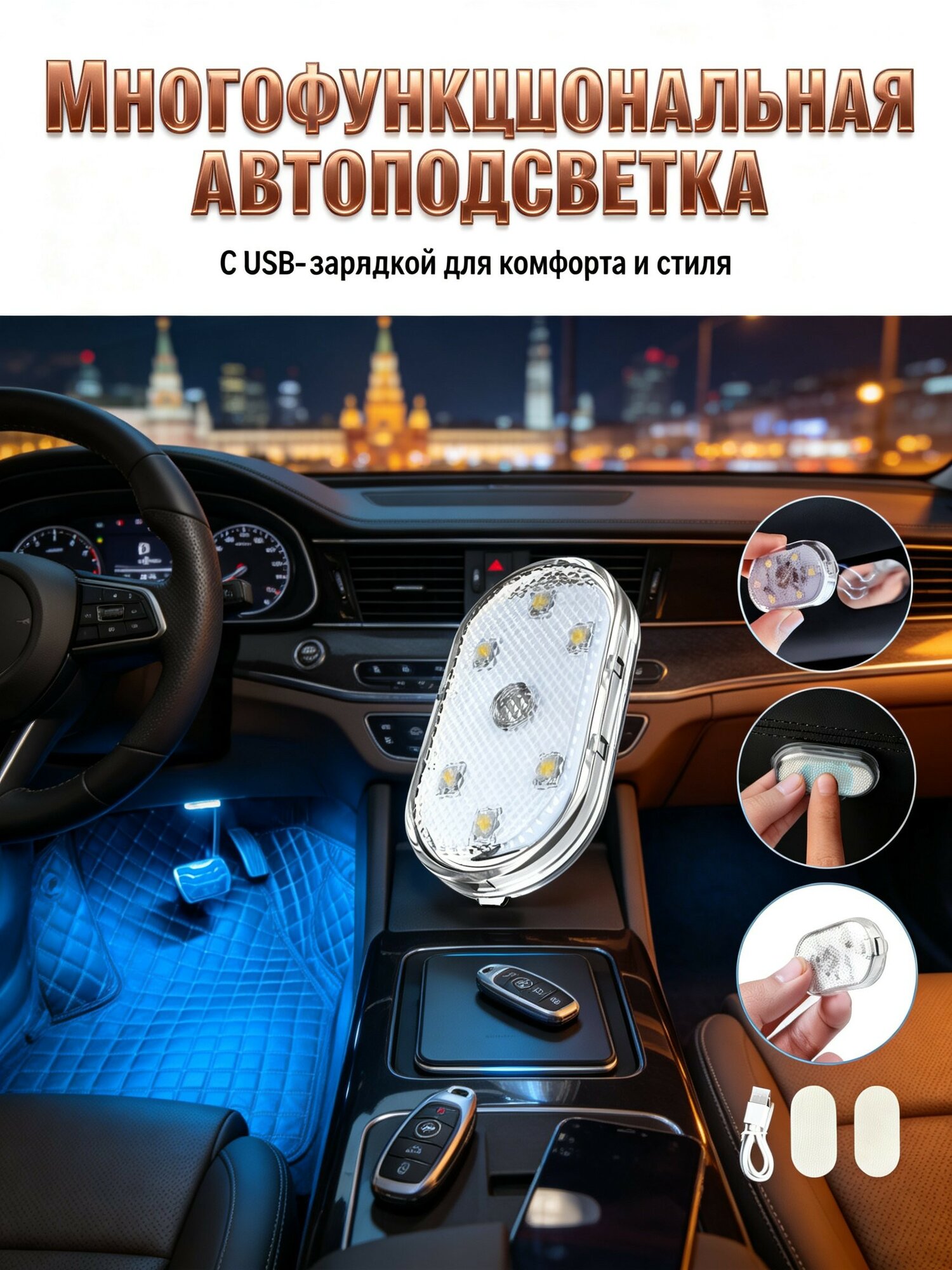 Автомобильная сенсорная подсветка с USB зарядкой, мини светодиодная лампа для чтения и создания атмосферы с клейкой основой, 1 шт