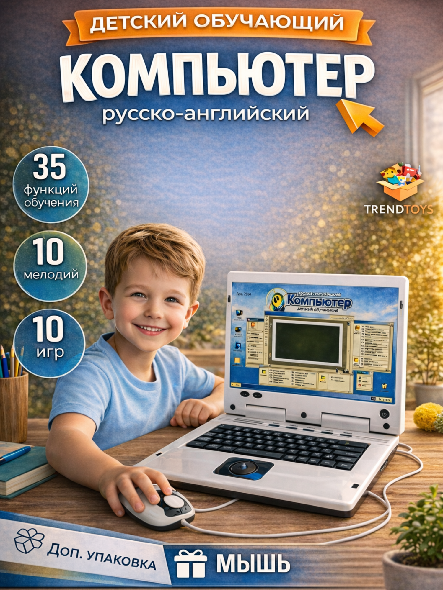 Детский ноутбук TrendToys компьютер обучающий для детей, 35 функций обучения