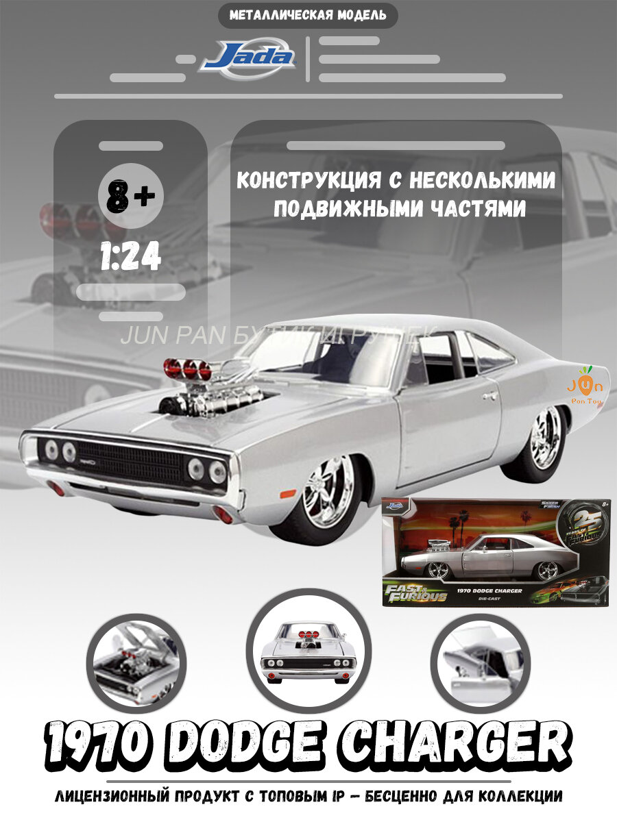 Fast & Furious 1970 Dodge Charger / Детская металлическая модель Dodge Charger 1:24, двери и капот открываются, серебристая. Подарок на ДР.