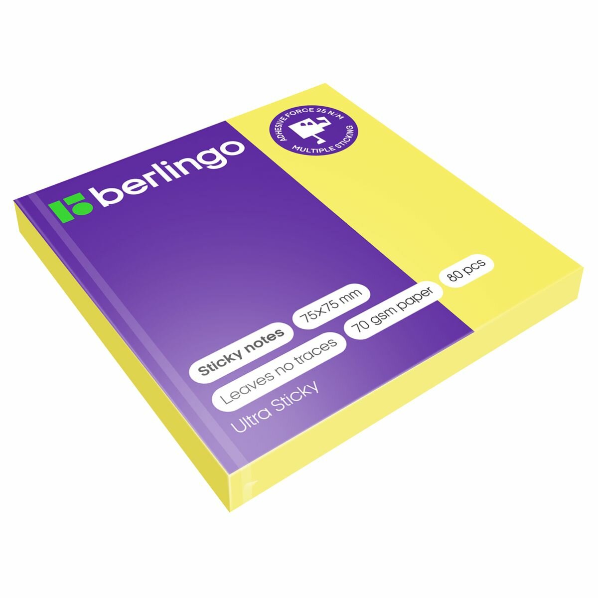 Блок самоклеящийся BERLINGO 75*75мм. "Ultra Sticky" 80л. неон, желтый (LSn_39200)