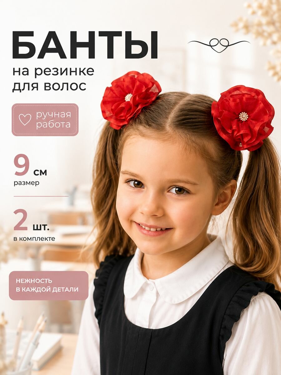 Банты на резинке для волос красные, волнистые, 9см, ручная работа, 2 шт.