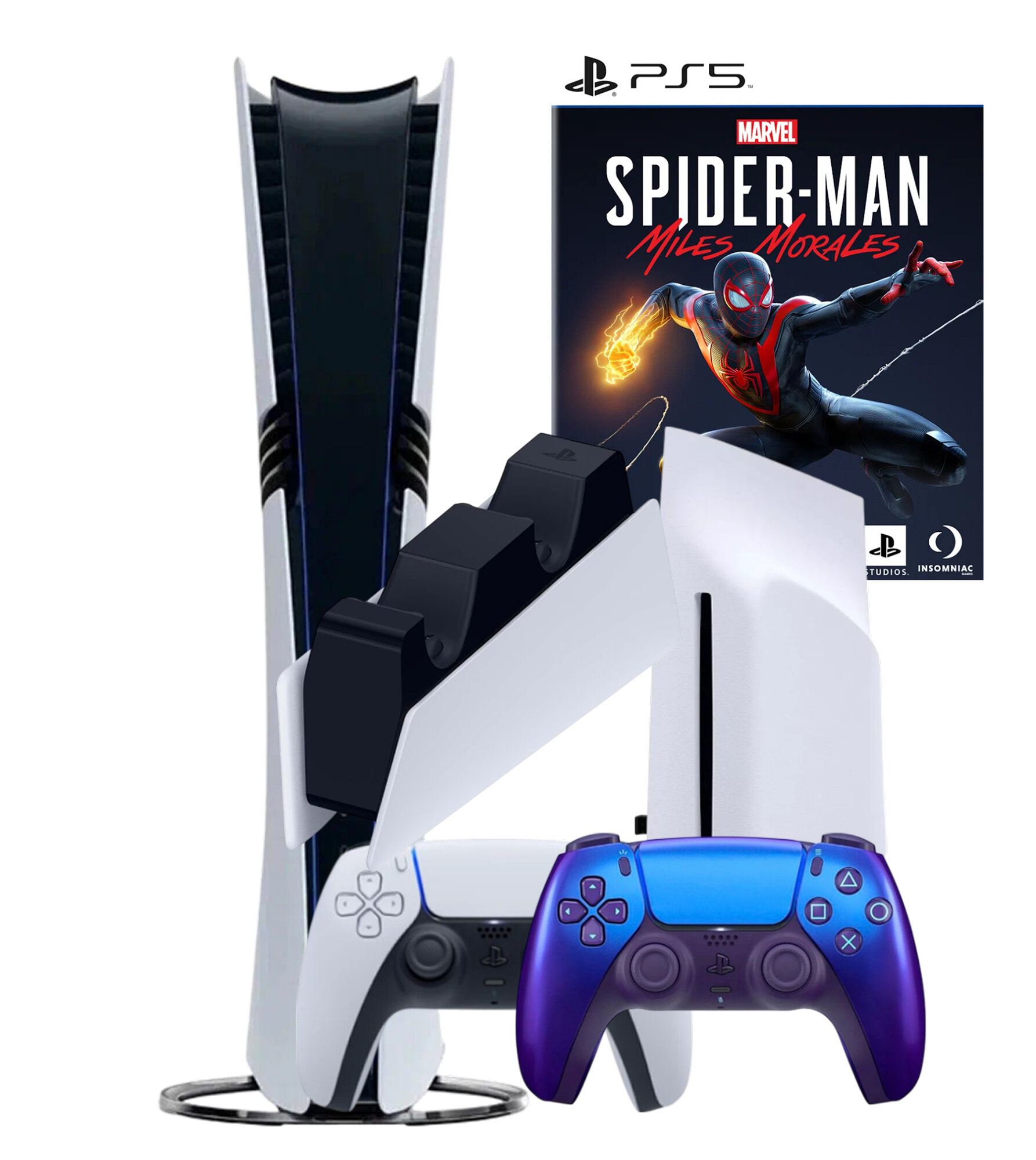 Игровая приставка PlayStation 5 Pro + 2й геймпад синий хром+ игра Spider Man Morales + станция зарядки + дисковод