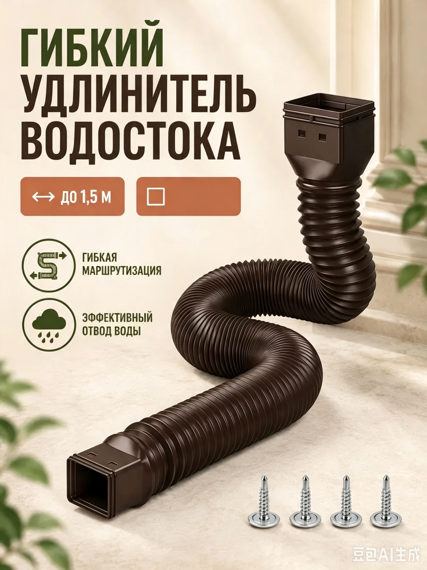 Черный гофрированный водосточный шланг ПВХ, растягивается 50–148 см, гибкий слив для кровли дачи и коттеджа на улице