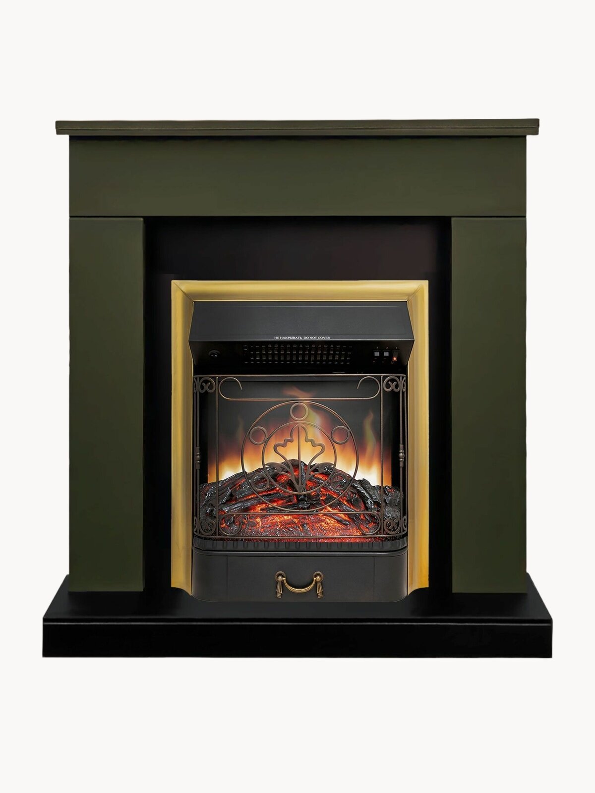 Камин электрический напольный Royal Flame BERGEN STD SFT темная олива c очагом Majestic FX Brass, с эффектом реального пламени, звуком потрескивания дров и обогревом 2 кВт