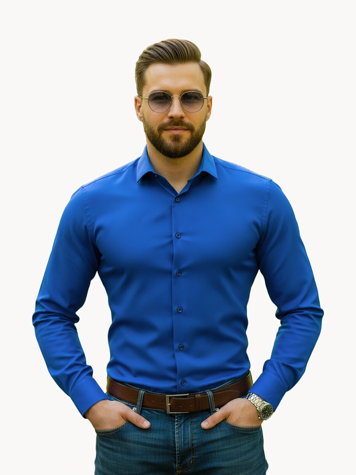 Рубашка Мужская рубашка с длинным рукавом приталенная, темная сорочка на пуговицах, рубаха на любой сезон, синяя однотонная, без карманов, на любой сезон и на лето рубашка Slim fit с приталенным кроем зауженн