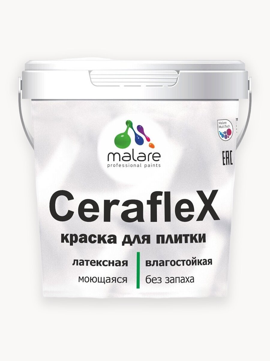 Акриловая краска для плитки Malare Ceraflex для керамической и кафельной плитки, стен в кухне и ванной, моющаяся быстросохнущая без запаха, матовая, белый, 1 кг