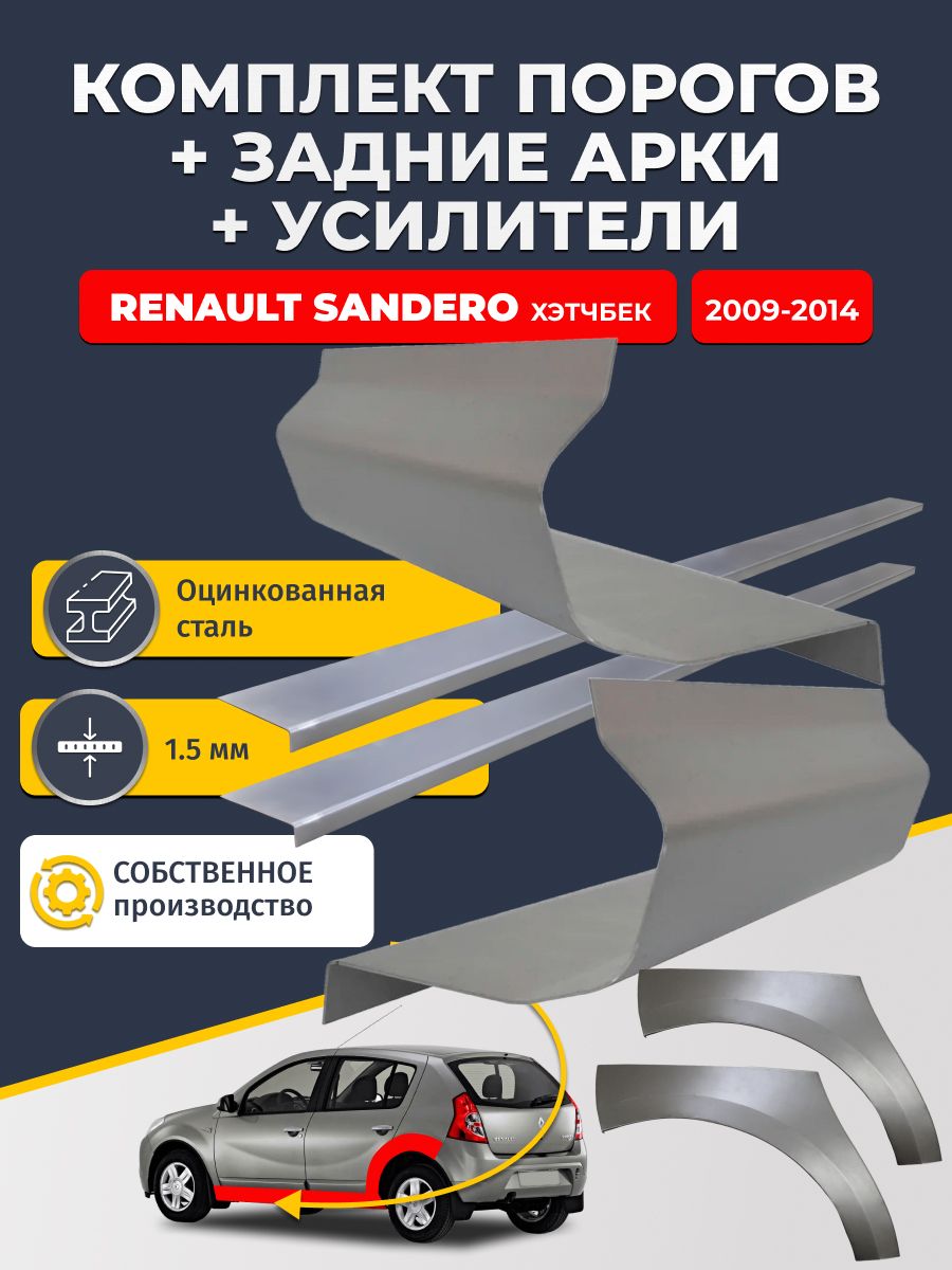 Комплект ремонтных задних арок(0,8 мм) и стандартных порогов(1,5 мм) + усилители (1,5 мм.) на Renault Sandero 2009-2014 хэтчбек 5 дв (Рено Сандеро). Материал оцинкованная сталь.