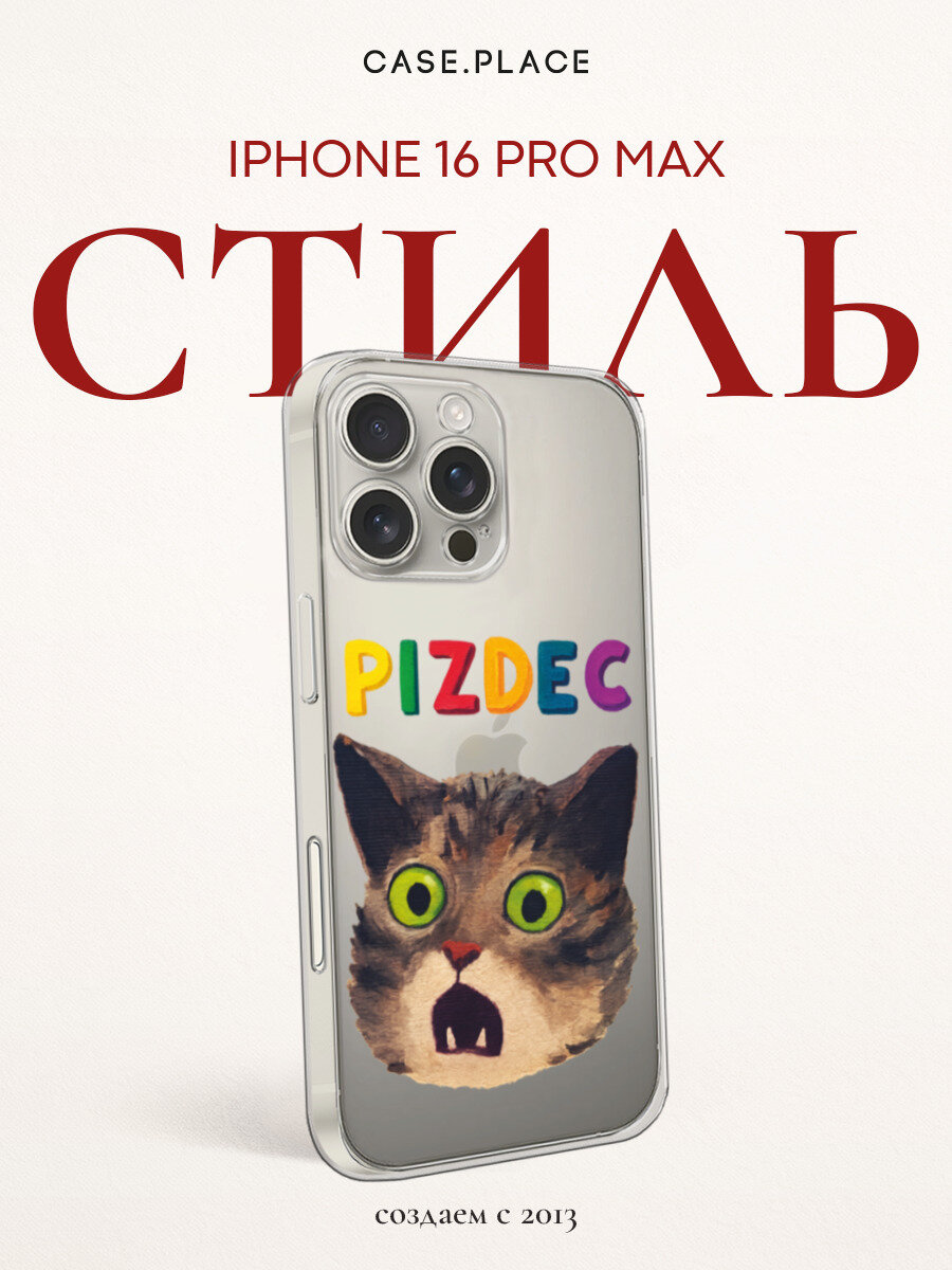 Чехол на Apple iPhone 16 Pro Max / Айфон 16 Про Макс с принтом Испуганный котик с надписью, прозрачный