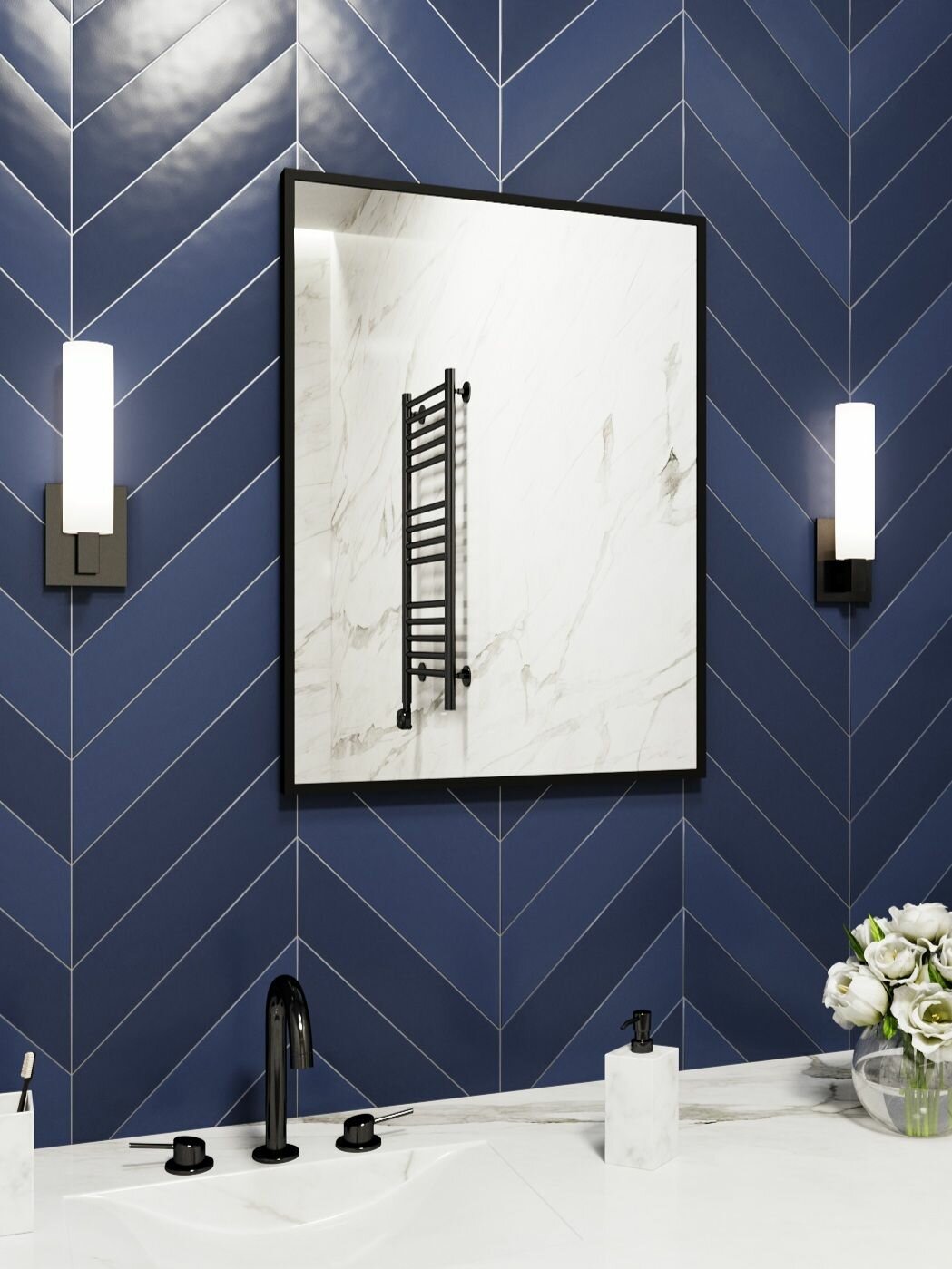 Зеркало настенное 60х50 см. ONE MARKET в ванную в алюминиевой раме, Черное