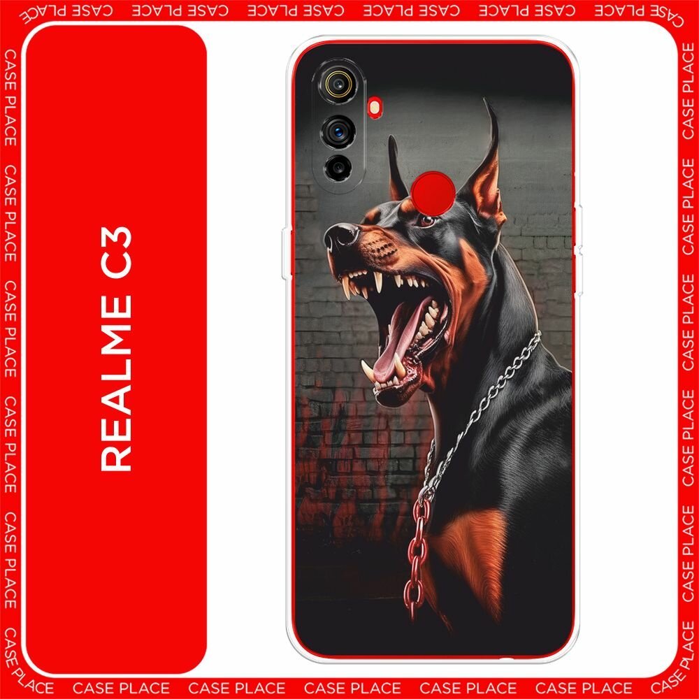 Силиконовый чехол на Realme C3 / Реалми C3 с принтом "Доберман с цепью"