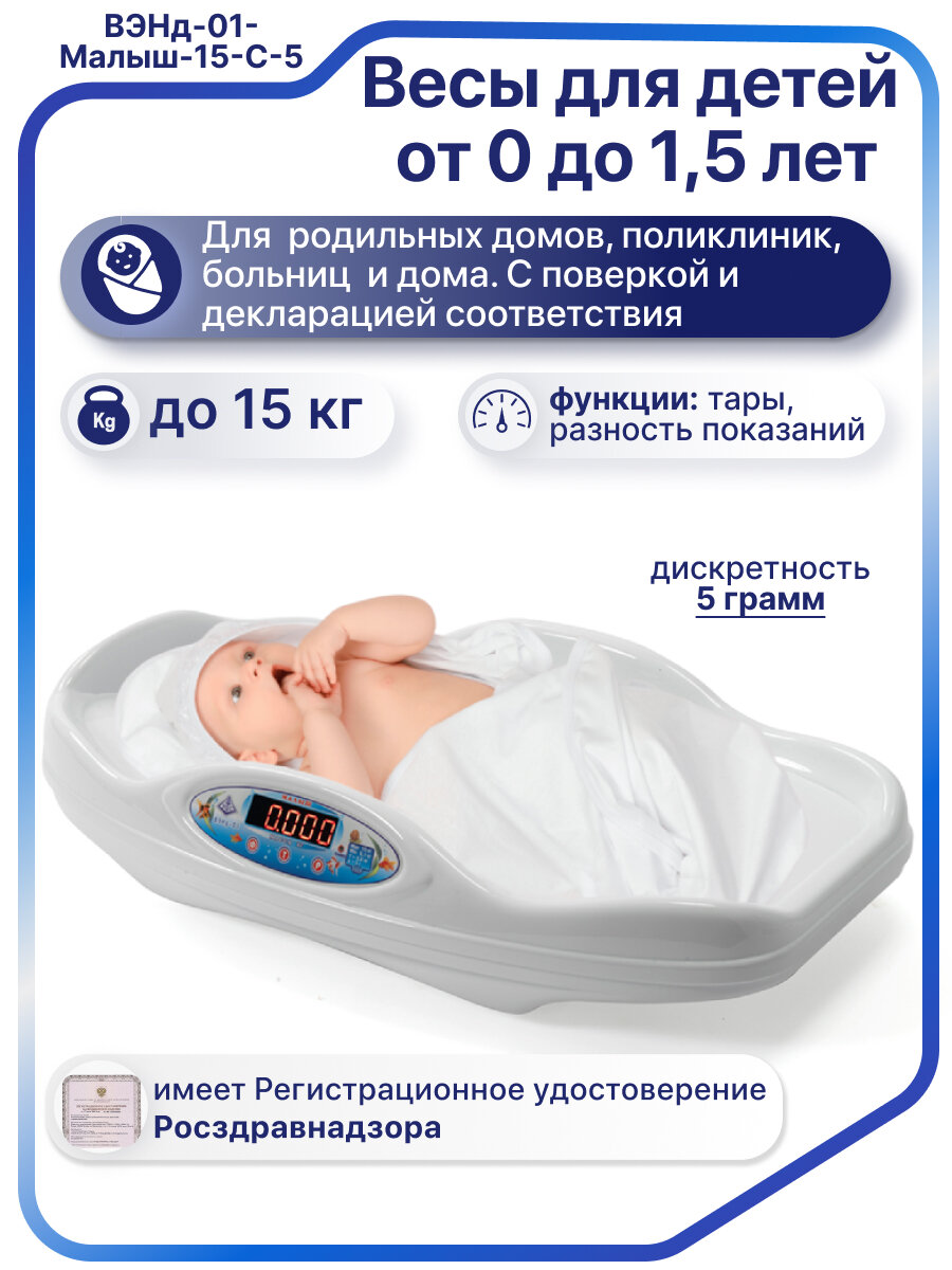 Детские электронные весы твес "Малыш", с функцией памяти, питание от сети, до 15кг