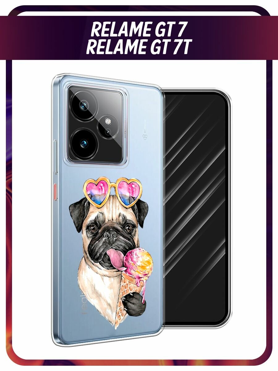 Чехол на Realme GT 7/GT 7T / Реалми GT 7/GT 7T с принтом Мопс с мороженкой, прозрачный