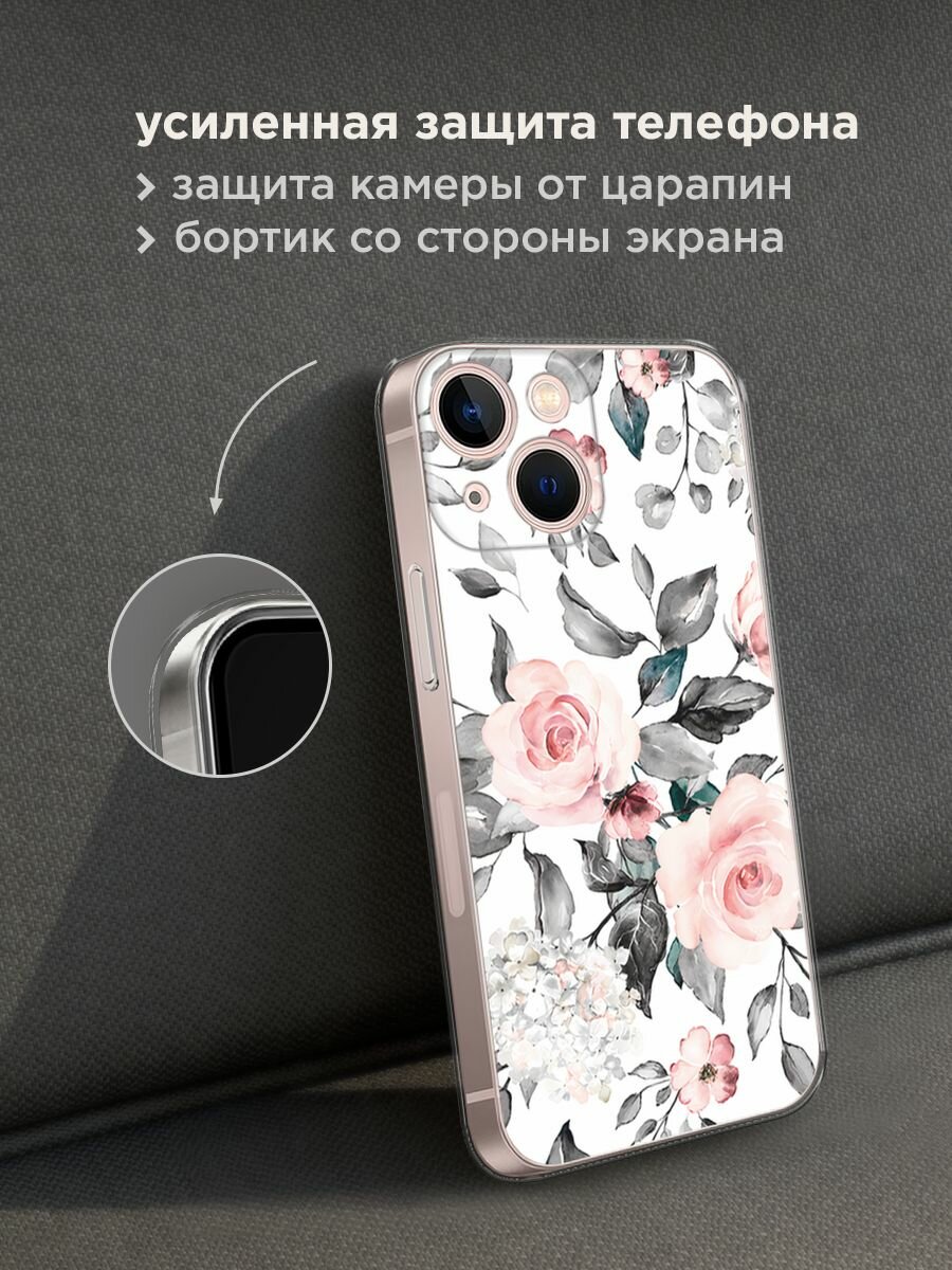 Чехол на Apple iPhone 13 mini / Айфон 13 мини с принтом "Розы на белом" — фото 1