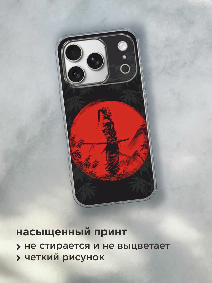 Чехол на Apple iPhone 17 Pro / Айфон 17 Про с принтом "Самурай на красном фоне" — фото 1