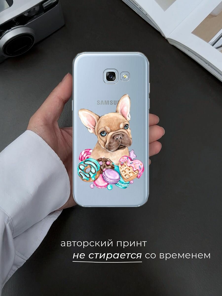 Чехол на Samsung Galaxy A5 2017 / Самсунг Галакси А5 2017 с принтом "Бульдог и сладости", прозрачный — фото 1