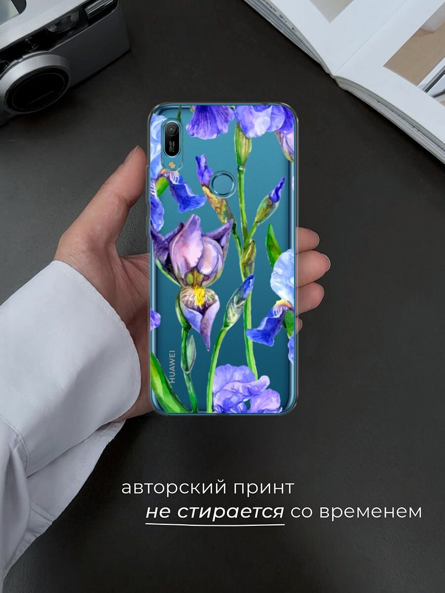 Чехол на Honor 8A/8A Pro/Huawei Y6s/Y6 2019 / Хонор 8А с принтом "Синие ирисы", прозрачный — фото 1