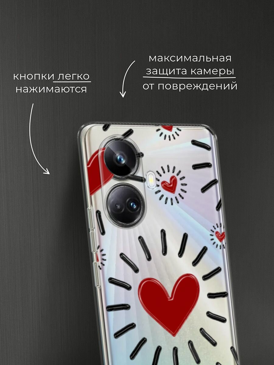 Чехол на Realme 10 Pro+ / Реалми 10 Про+ с принтом "Бордовые сердца паттерн" — фото 1