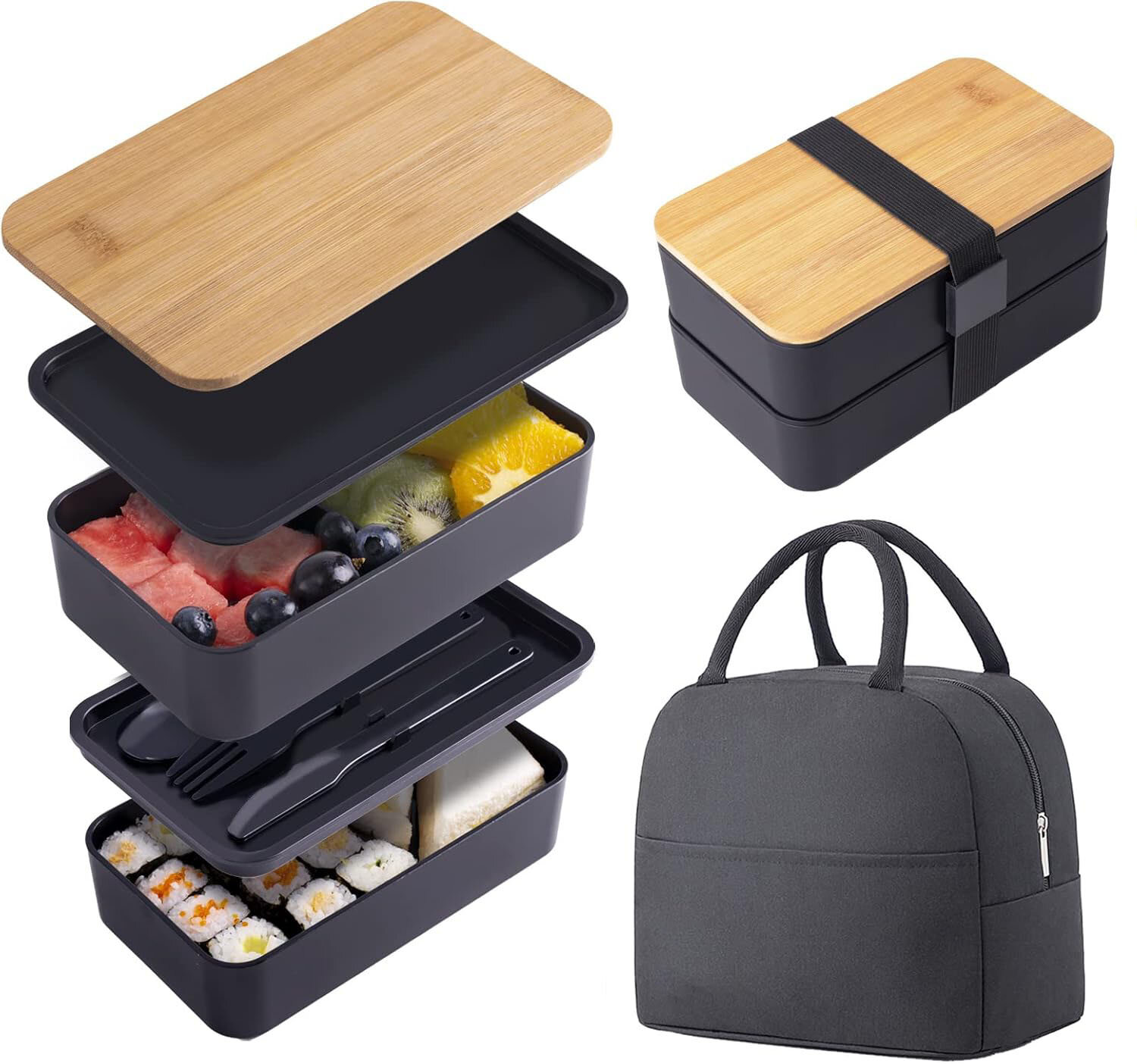 Двухслойная ланч-бокс, Бамбуковая крышка, Деревянная текстура, Для студентов и офисных работников, Могут помещаться в микроволновку, Большая вместимость, Контейнер для хранения свежести, Материал ланч-бокса: ПП /420г, Сумка: Полиэстер /100г, Размер