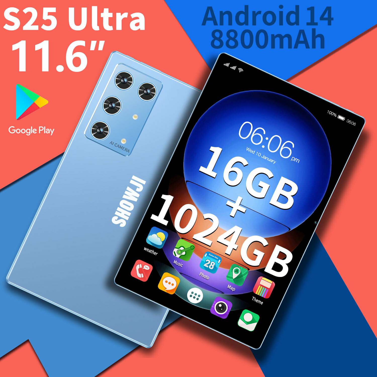 Игровой планшет SHOWJI "S25 Ultra", 11.6" , 16GB+1TB, процессор MediaTek Helio G99, синий
