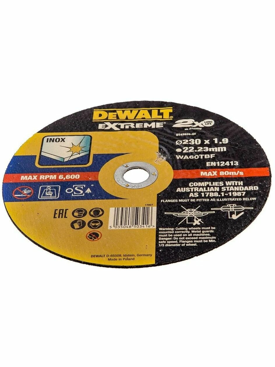 Диск отрезной EXTREME, для нержавеющей стали DT43939, 230x22.2x1.9 мм DEWALT / Круг отрезной Деволт