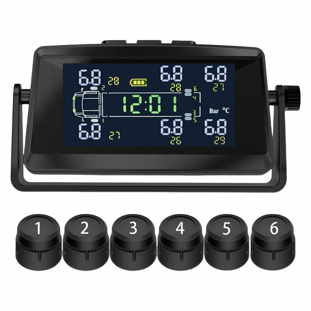 Система контроля давления в шинах, 6 датчиков, USB/Solar TPMS, внешняя, 15 бар