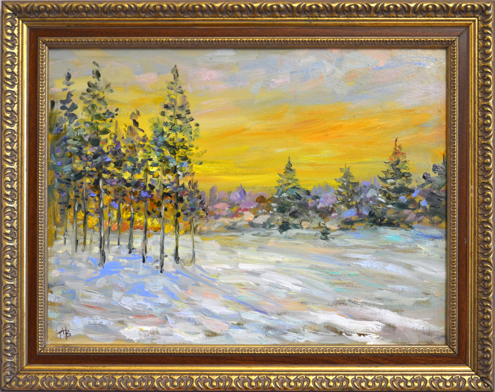 Картина "Зимний закат" 30х40 см, холст/масло, ручная работа