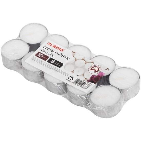 Laima Свечи чайные Maxi Life, до 8 часов горения, вес 21 г, комплект 10шт, в гильзе, , 609201