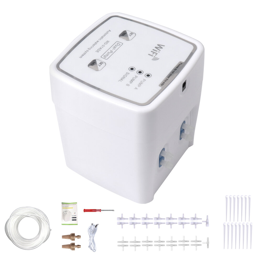 Устройство для автоматического полива с WiFi, двухнасосное, с таймером, система капельного полива, дистанционный контроллер через приложение, для сада, террасы, горшечных растений, цветов, цвет: белый / синий + желтый, материал: ABS, напряжение: 5В, ток: