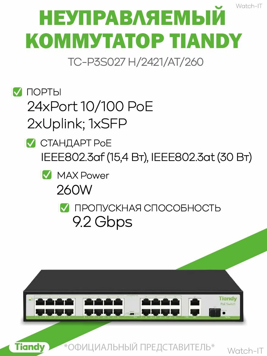 Коммутатор сетевой 24 PoE + 2 Uplink + 1 SFP Tiandy TC-P3S027