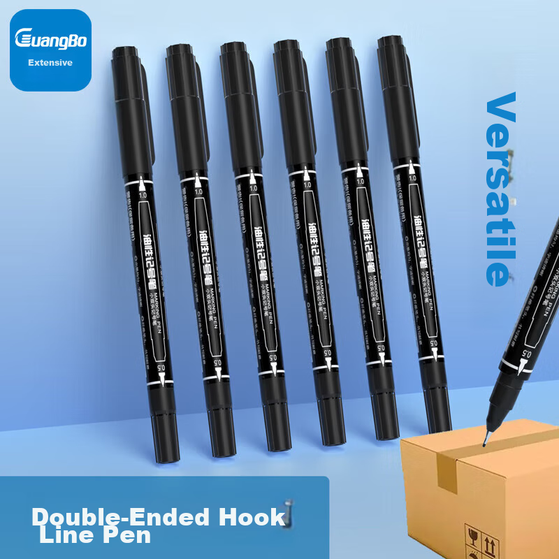 GuangBo Dual-Tip Marker Pen, Oil-Based Pen, Art-Specific Student Outlining Pen, Marker Pen, Waterproof Quick-Drying Sign-In Pen, Black, 12 Pcs/box, B09007D