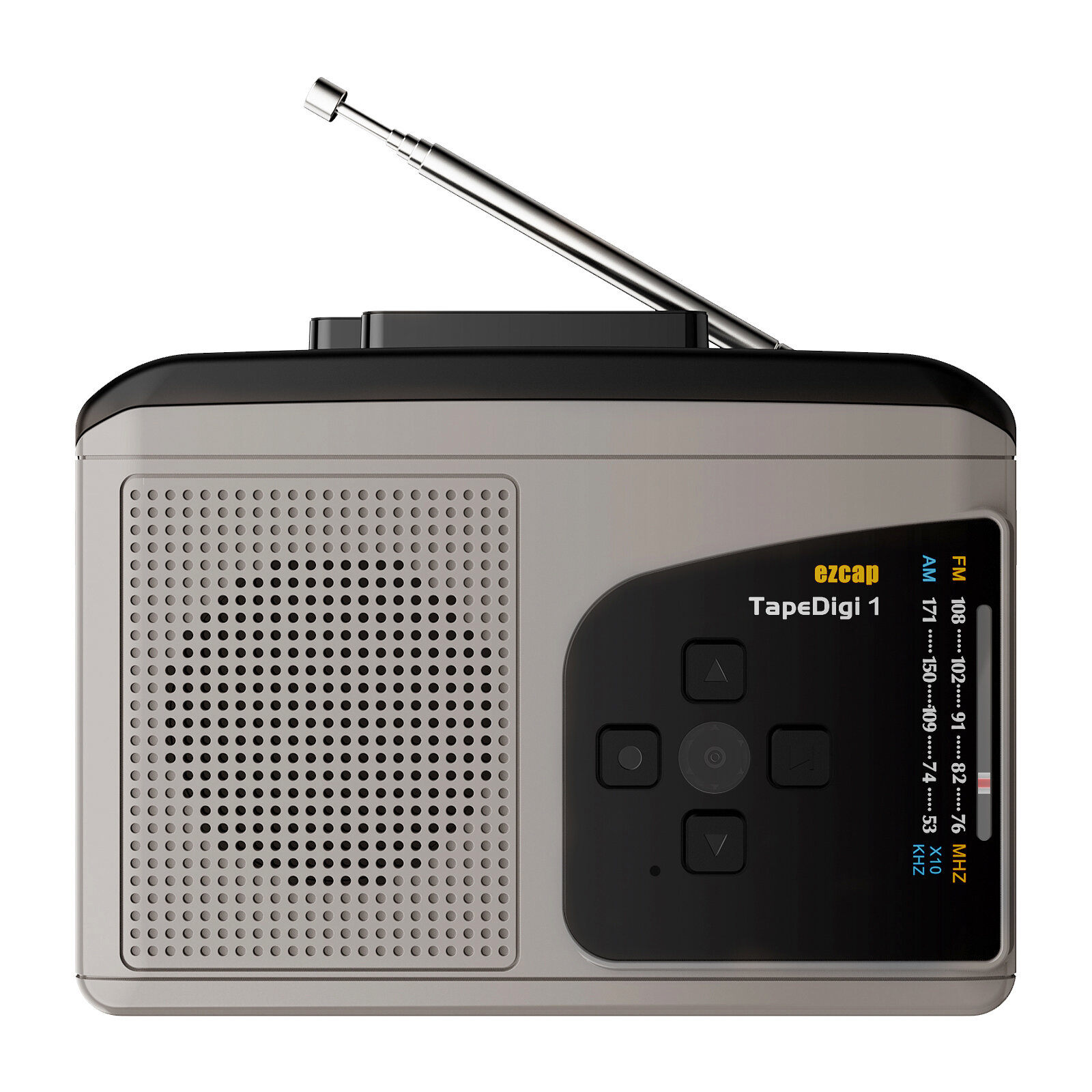 Ezcap234 Портативный проигрыватель кассет, радио AM/, конвертер кассет в MP3, рекордер звука с встроенным динамиком и разъемом для наушников, черный с серым, поддерживает TF-карту до 32GB, адаптер 5V DC или 2 батарейки AA, 8Ом 1W, 12.2*9.1*3.9cm, 196g