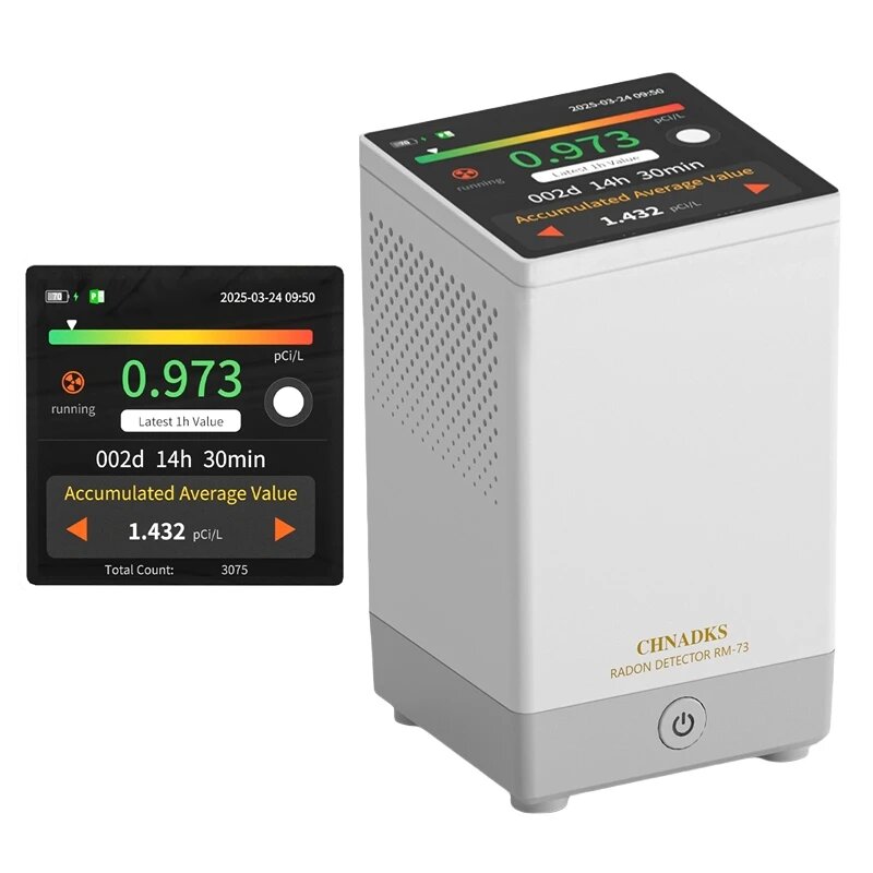 Детектор радона Сенсорный измеритель контроля газа Цветной ЖК-дисплей Звуковая и визуальная сигнализация pCi/L или Bq/m3 ± Точность 10% Отчет PDF