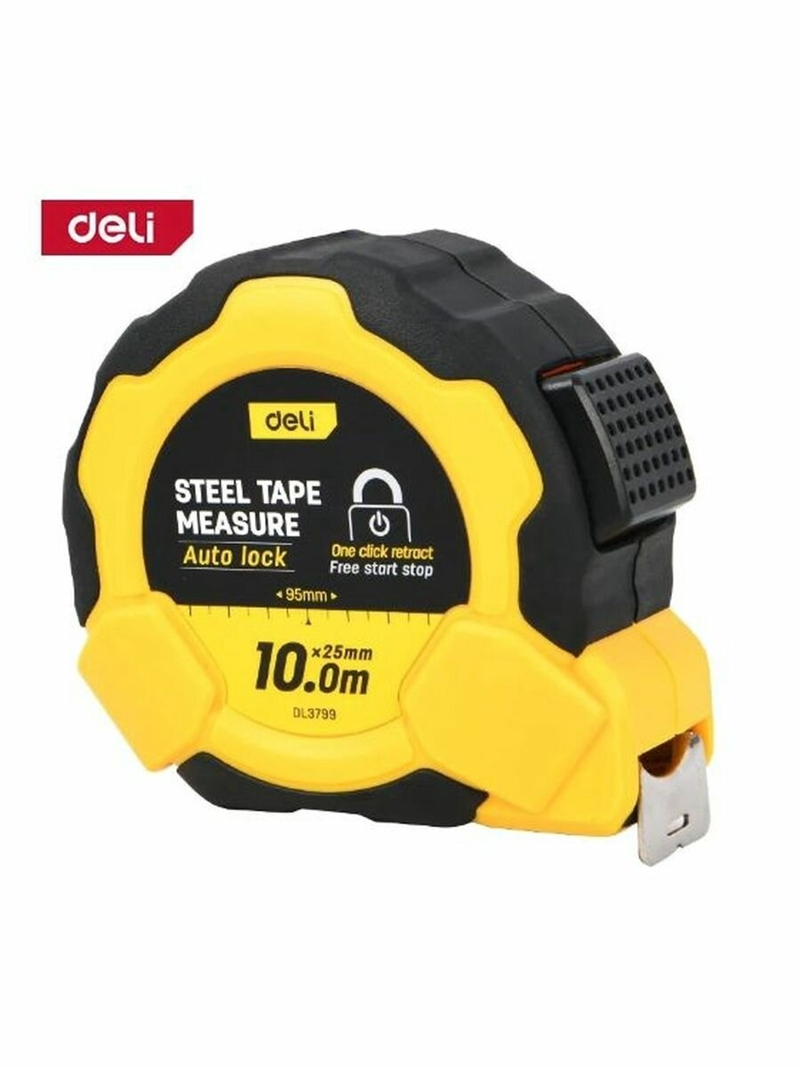 Рулетка DELI DL3799 метрическая, автостоп, ударопрочный корпус 10м*25мм