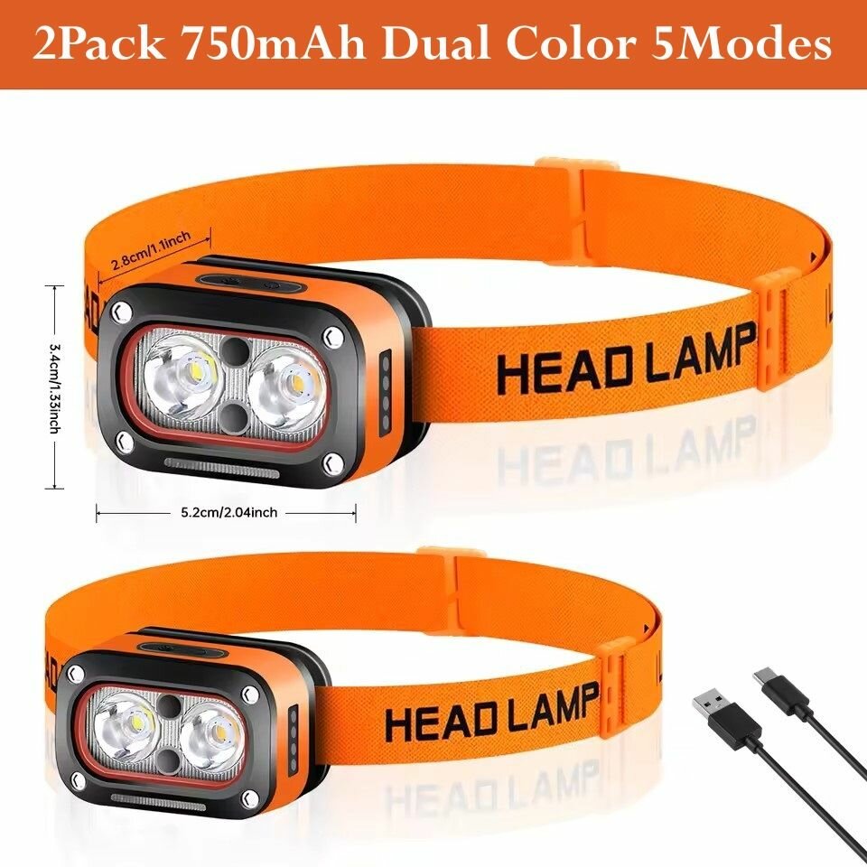 2 шт. Супер яркий Перезаряжаемый фонарь 750 мАч для безопасности, 5 режимов освещения, фонарик для безопасности с датчиком движения, Используется для кемпинга, бега с регулируемой яркостью цвета
