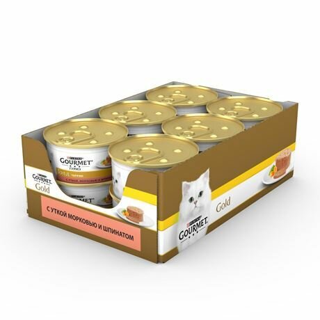 Влажный корм Gourmet Голд Террин (кусочки в паштете) для кошек, с уткой, морковью и шпинатом по-французски, Банка, 85 г, 24 шт